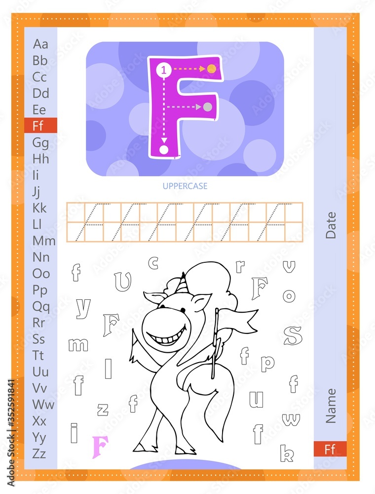 Letter F and funny cartoon hand drawn unicorn. Alphabet a-z. Coloring ...