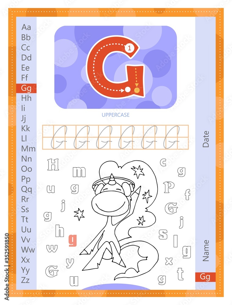 Letter G and funny cartoon hand drawn unicorn. Alphabet a-z. Coloring ...
