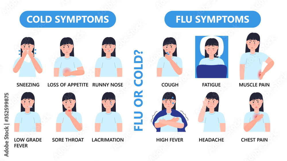 Cold and flu symptoms info-graphic vector in flat style. Cold, influenza symptoms are shown ...