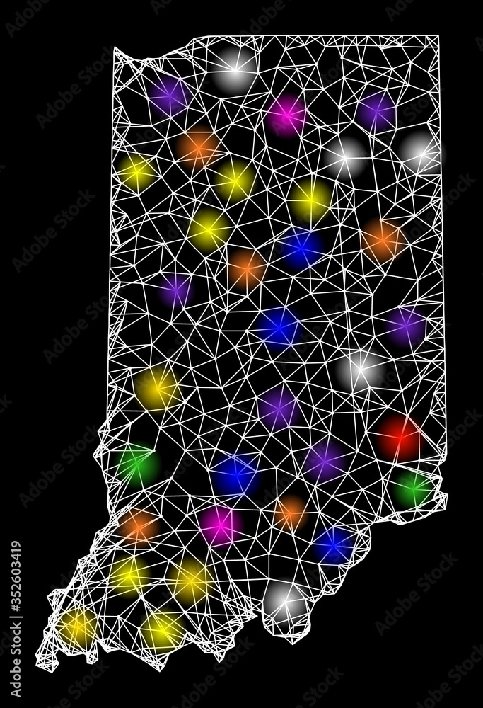 Web mesh vector map of Indiana State with glare effect on a black ...