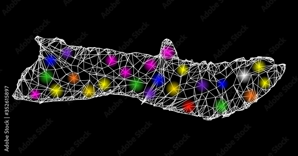 Web mesh vector map of Molokai Island with flare effect on a black background. Abstract lines ...