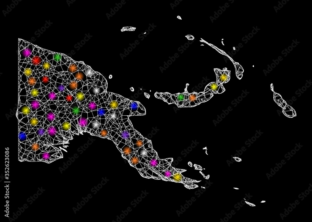 Web mesh vector map of Papua New Guinea with glare effect on a black ...