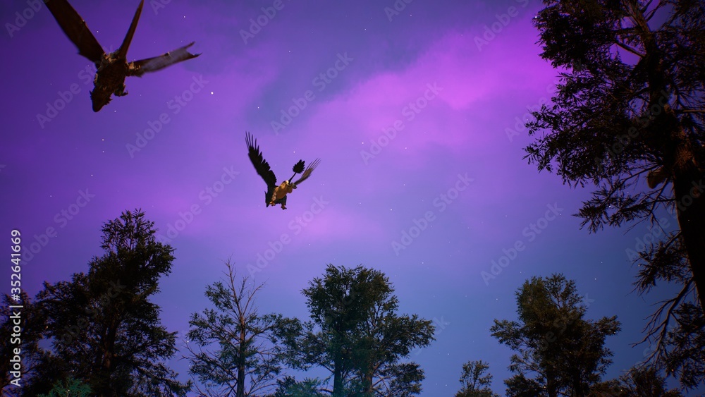 Amazing magical creatures fly over a mysterious night forest. Looping ...
