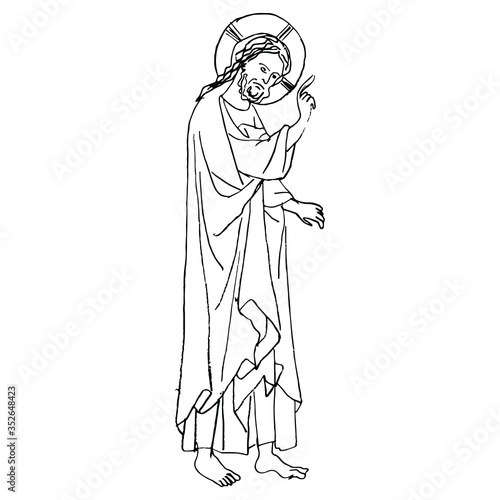 Isolated vector illustration. Standing Jesus Christ with pointing ...