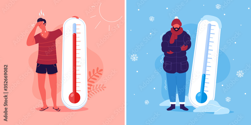 Meteorology thermometers. Heat and cold weather vector illustration ...
