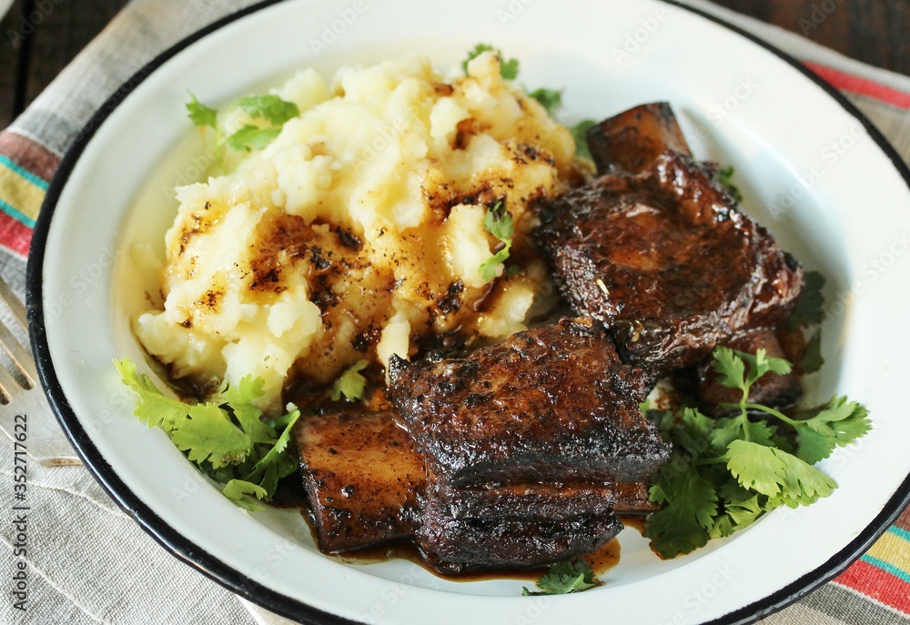 braised short ribs with mashed potatoes. Instant Pot meat . copy space ...