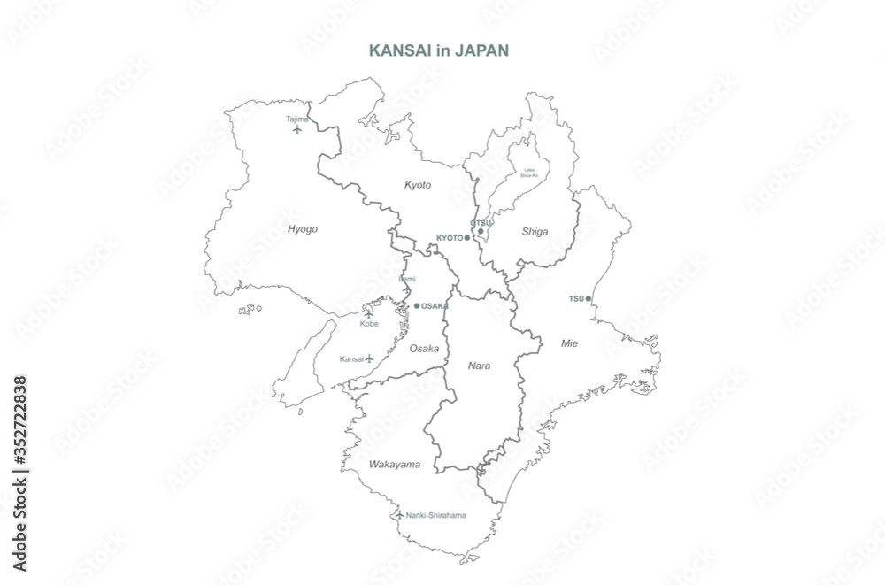 kansai map. japan regions map series. vector map of japan provinces ...