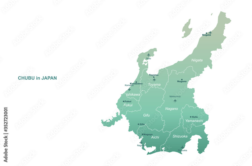 chubu map. japan regions map series. vector map of japan provinces ...