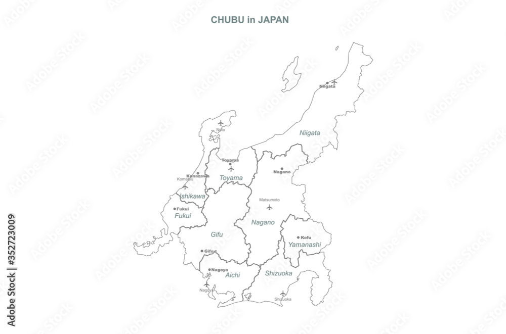 chubu map. japan regions map series. vector map of japan provinces. Stock Vector | Adobe Stock