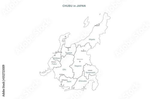 chubu map. japan regions map series. vector map of japan provinces ...