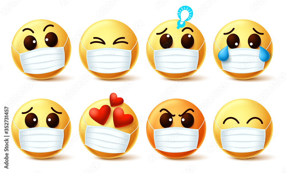 Smileys emoticon wearing face mask vector set. Smiley emoji wearing ...