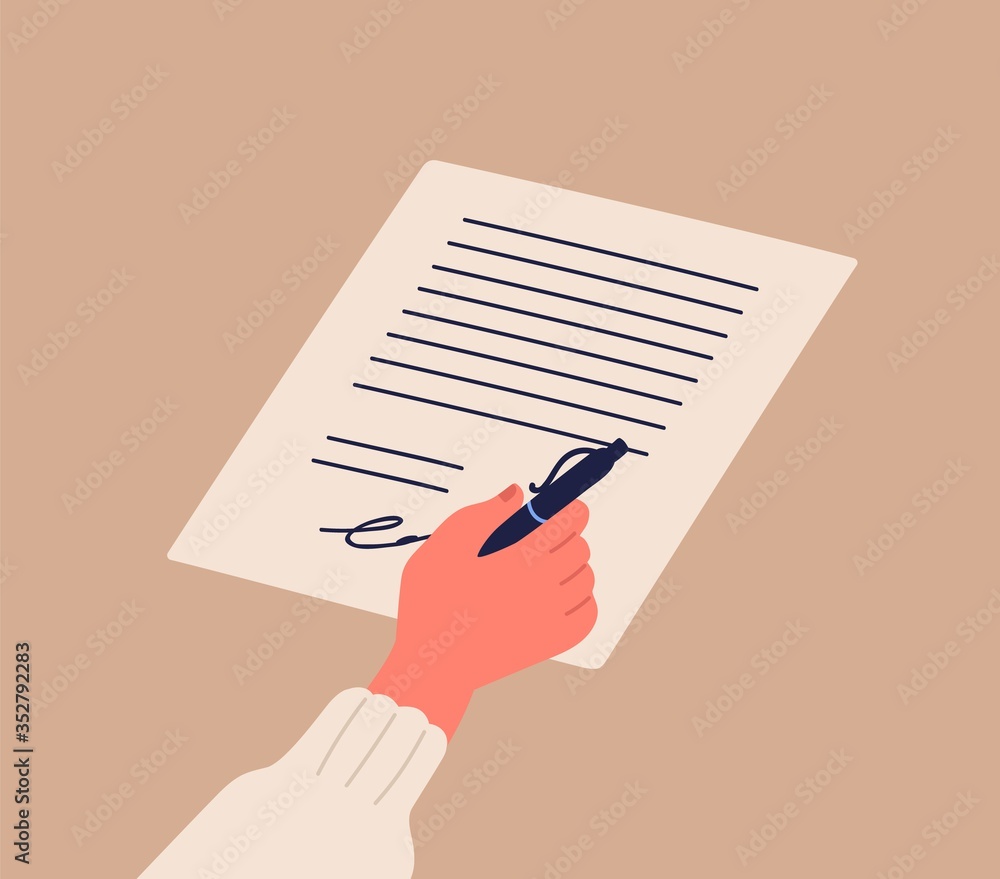 Human hand signing notary document holding pen vector flat illustration ...