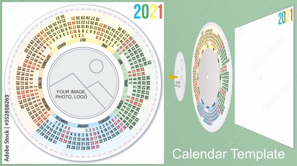 Calendar 2021. Colorful round calendar 2021. Calendar Template. Week ...