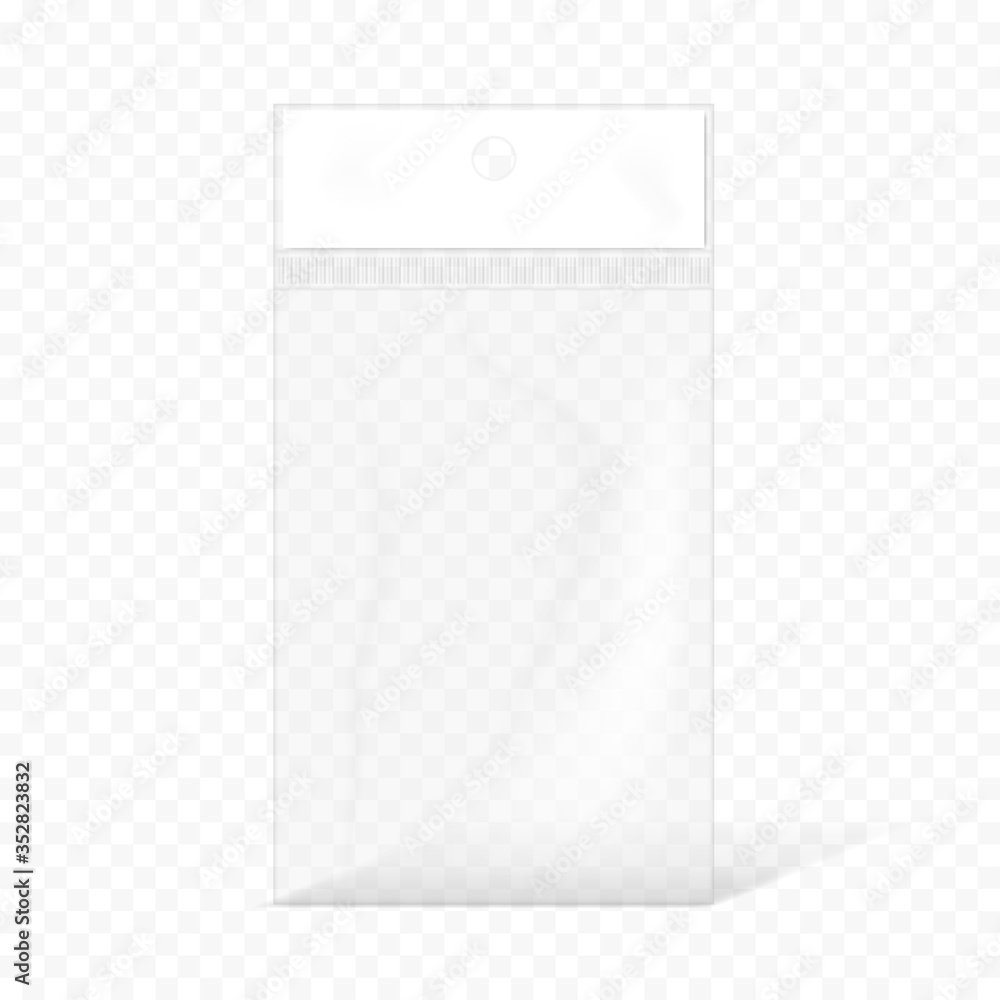 Clear packaging pouch with hanging slot on transparent background ...