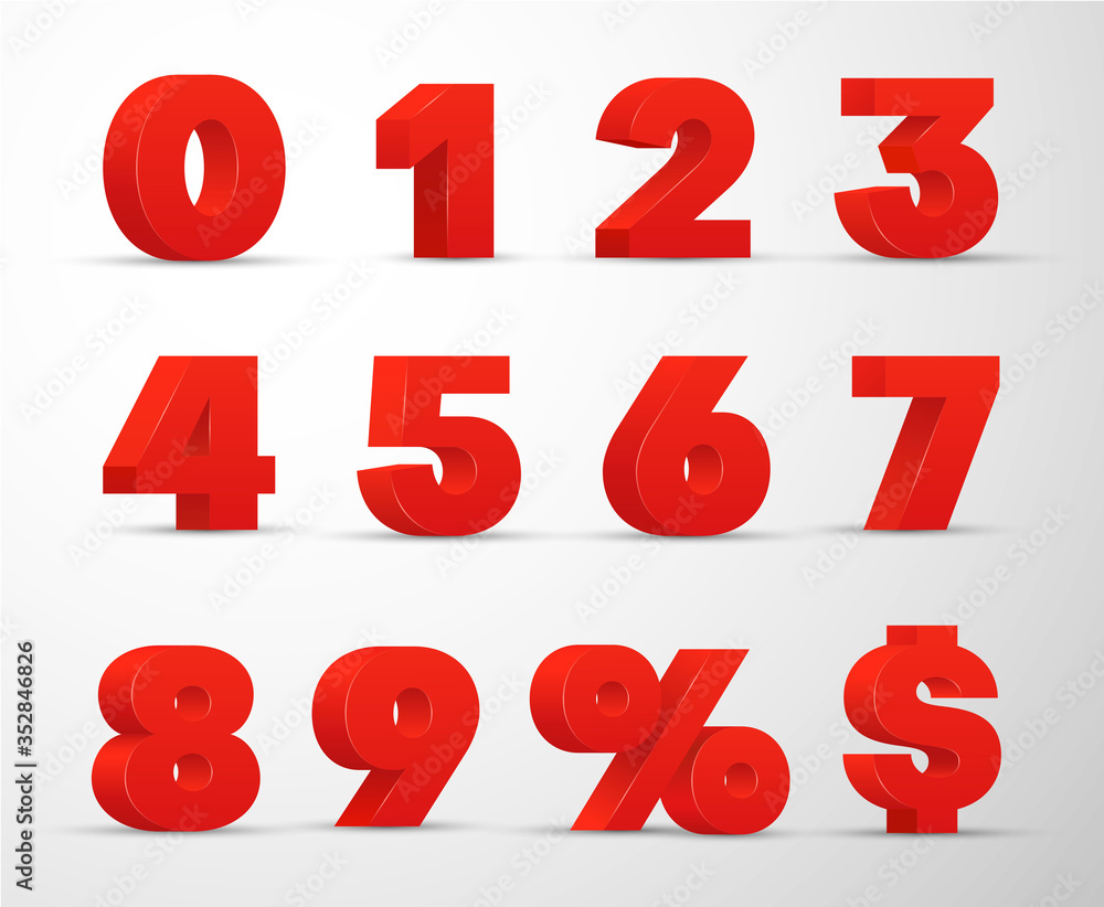 3D red numbers, percent, dollar sign set. Volumetric digits from zero ...
