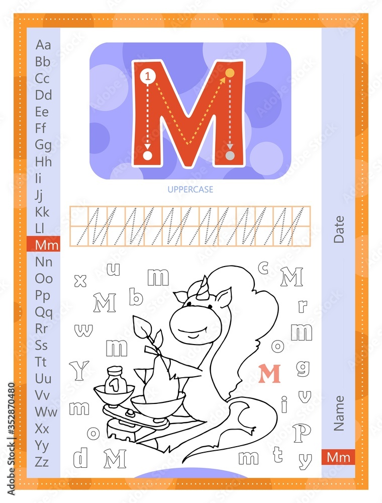 Letter M and funny cartoon hand drawn unicorn. Alphabet a-z. Coloring ...
