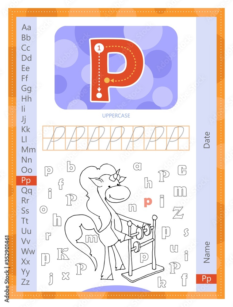 Letter P and funny cartoon hand drawn unicorn. Alphabet a-z. Coloring ...