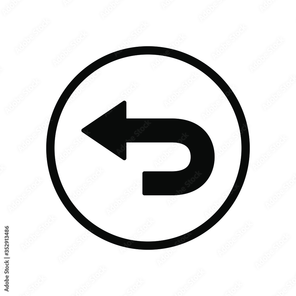 Black round go back return arrow icon, simple vector u turn shape ...