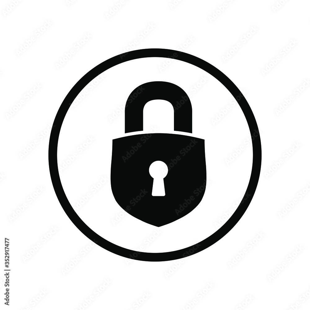 Black round security lock icon, simple safe secured shield chain badge ...