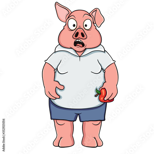Cartoon scared pig in clothes and with an apple in his hand. Isolated ...