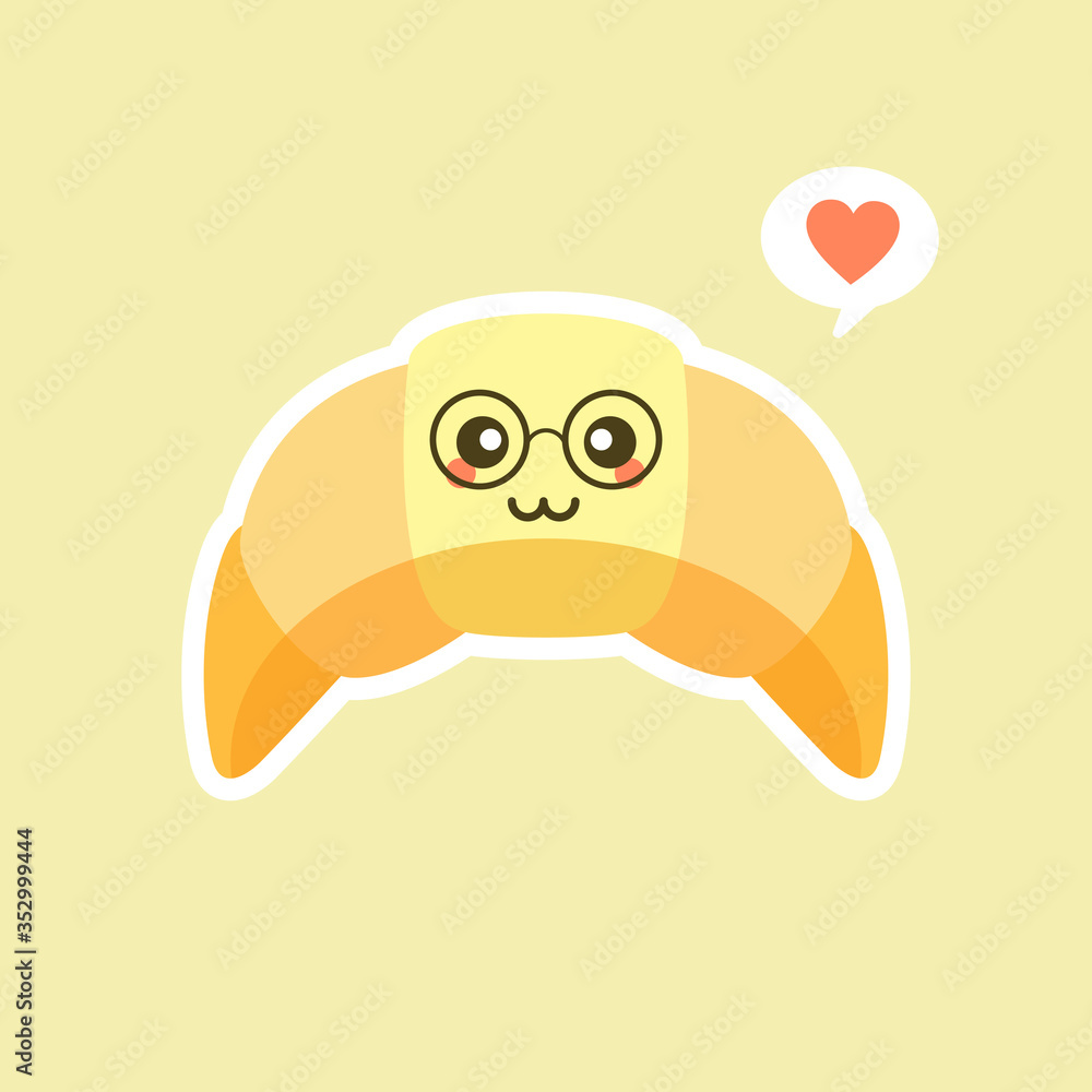 Cute and happy croissant vector cartoon character isolated on a color ...