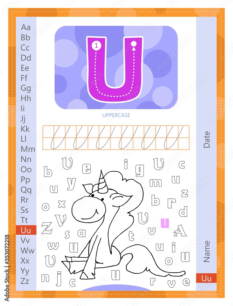 Letter U and funny cartoon hand drawn unicorn. Alphabet a-z. Coloring ...