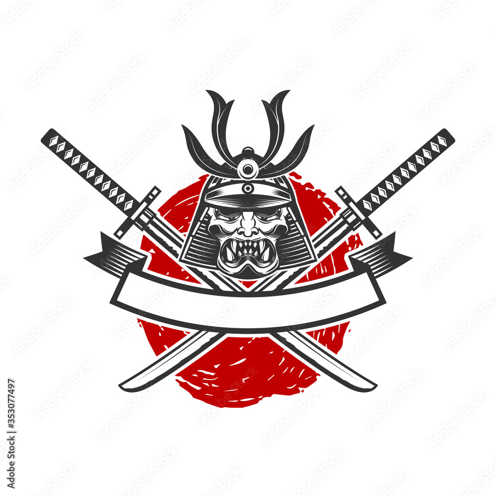 Emblem with samurai helmet and crossed katana swords. Design element ...