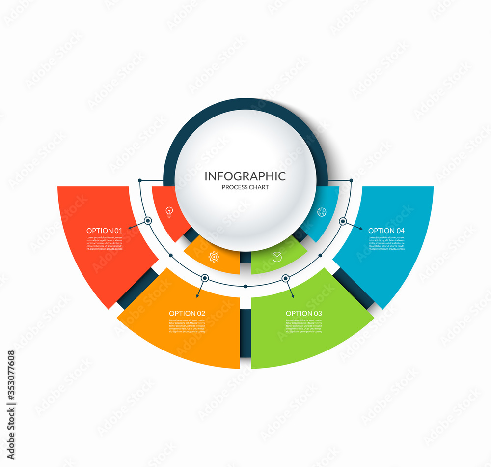 Infographic semi circular chart divided into 4 parts. Step-by step diagram with four options ...
