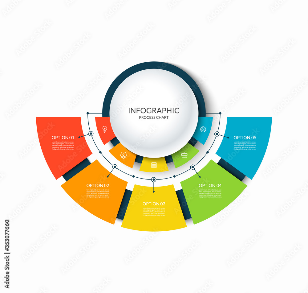 Infographic semi circular chart divided into 5 parts. Step-by step diagram with five options ...