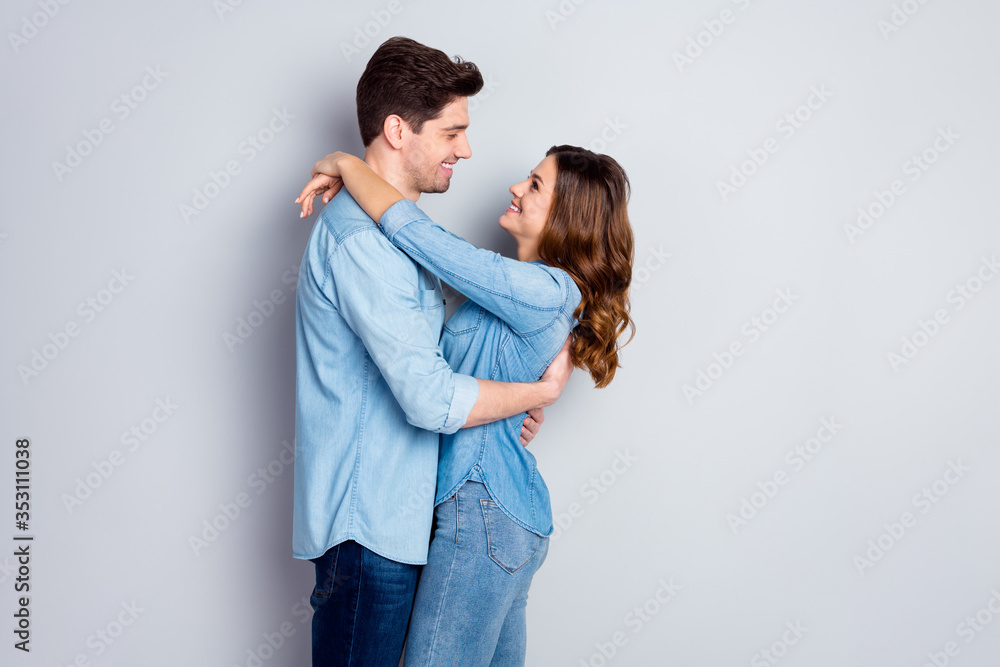 Profile photo lady guy couple in love cuddle hugging together holding ...