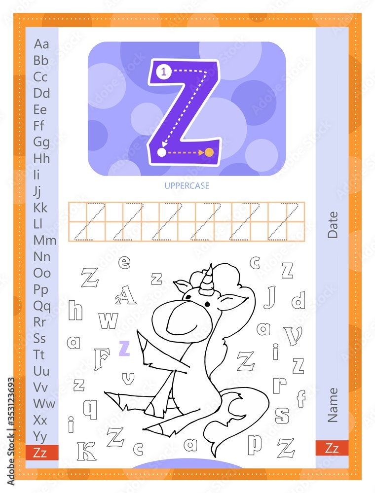 Letter Z and funny cartoon hand drawn unicorn. Alphabet a-z. Coloring ...