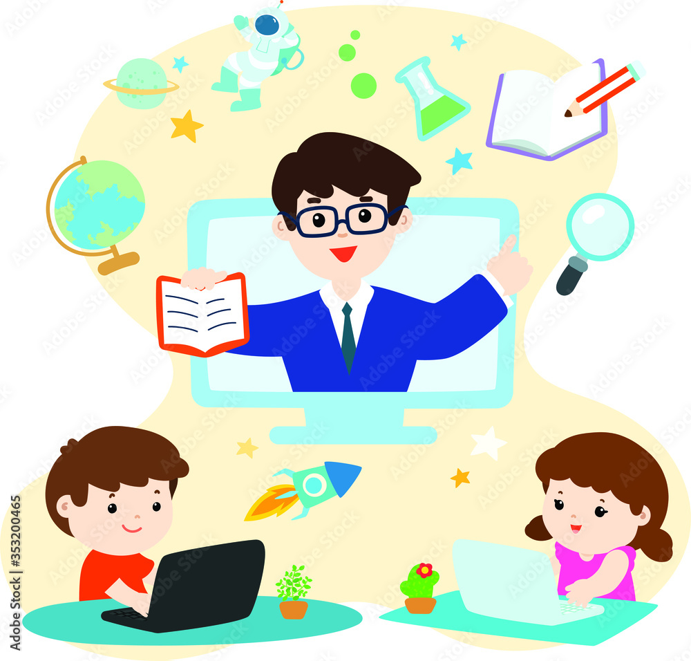 education, online, computer, school, vector, kid, illustration ...