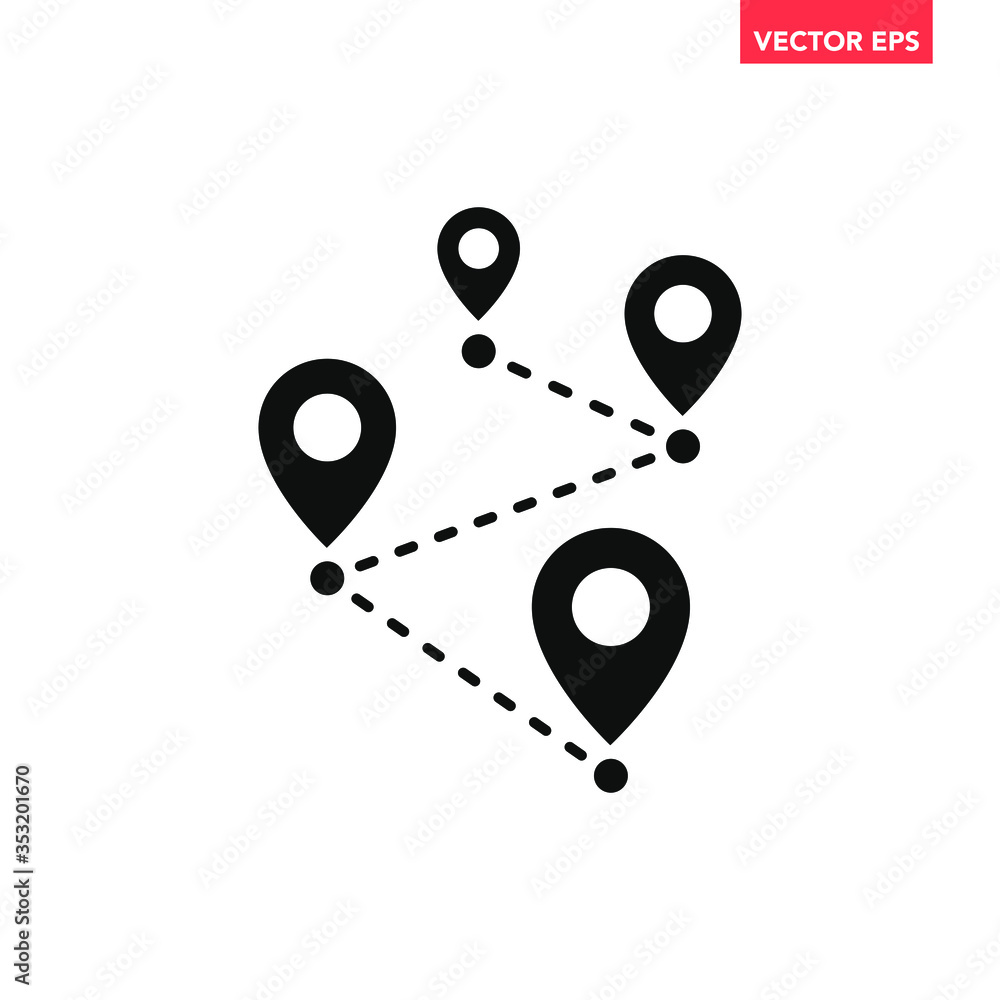 Black single path with 4 location pins icon, simple tracking flat ...