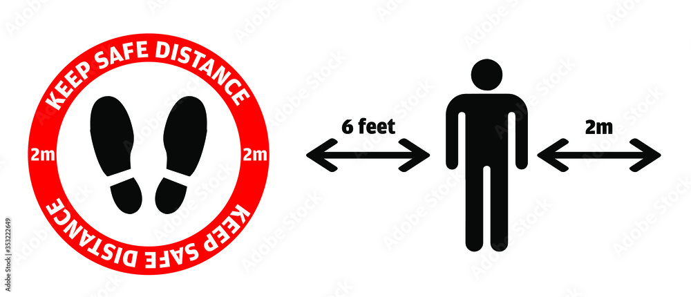 Vektor Keep Safe Distance sticker with feet sign inside red circle for ...