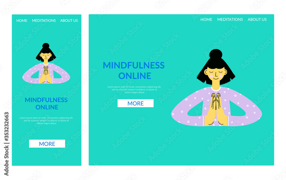 Creative website template designs for yoga application. Mindfulness app or course landing page ...