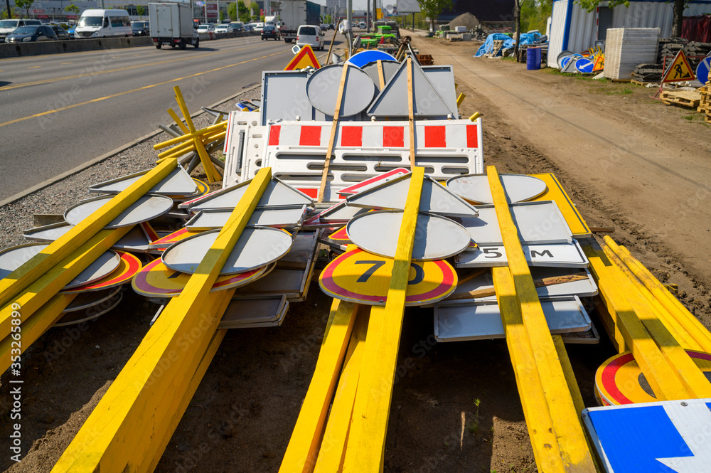 road repair road signs, stoppers and warning traffic signs Stock Photo ...