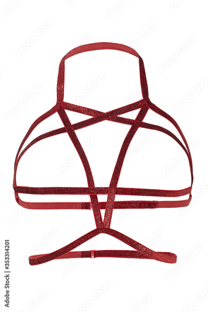 Detailed shot of a red textile harness made as an open cup bra with ...
