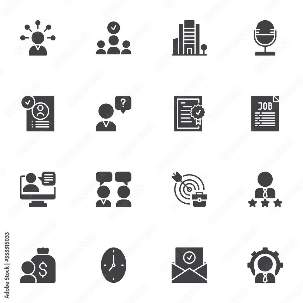 Job interview vector icons set, modern solid symbol collection, filled ...