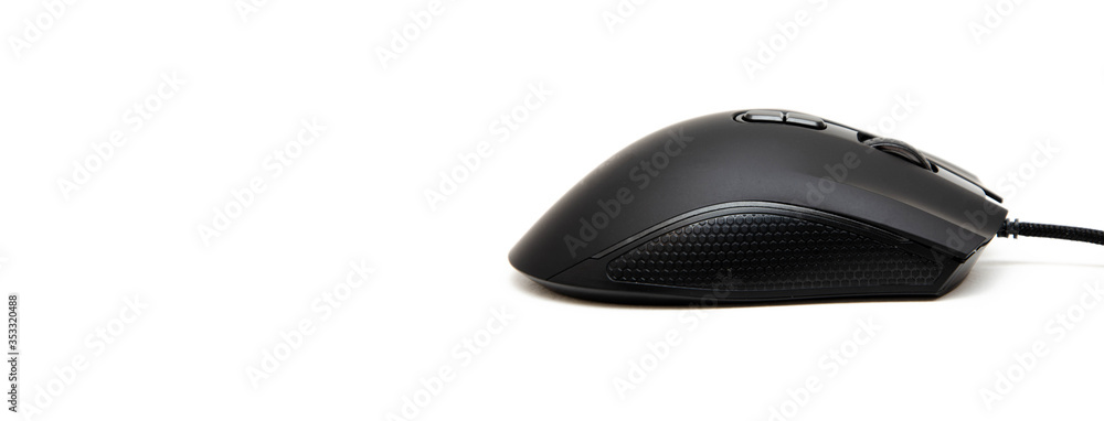 Black gaming mouse with side extra keys and a matte finish on white ...