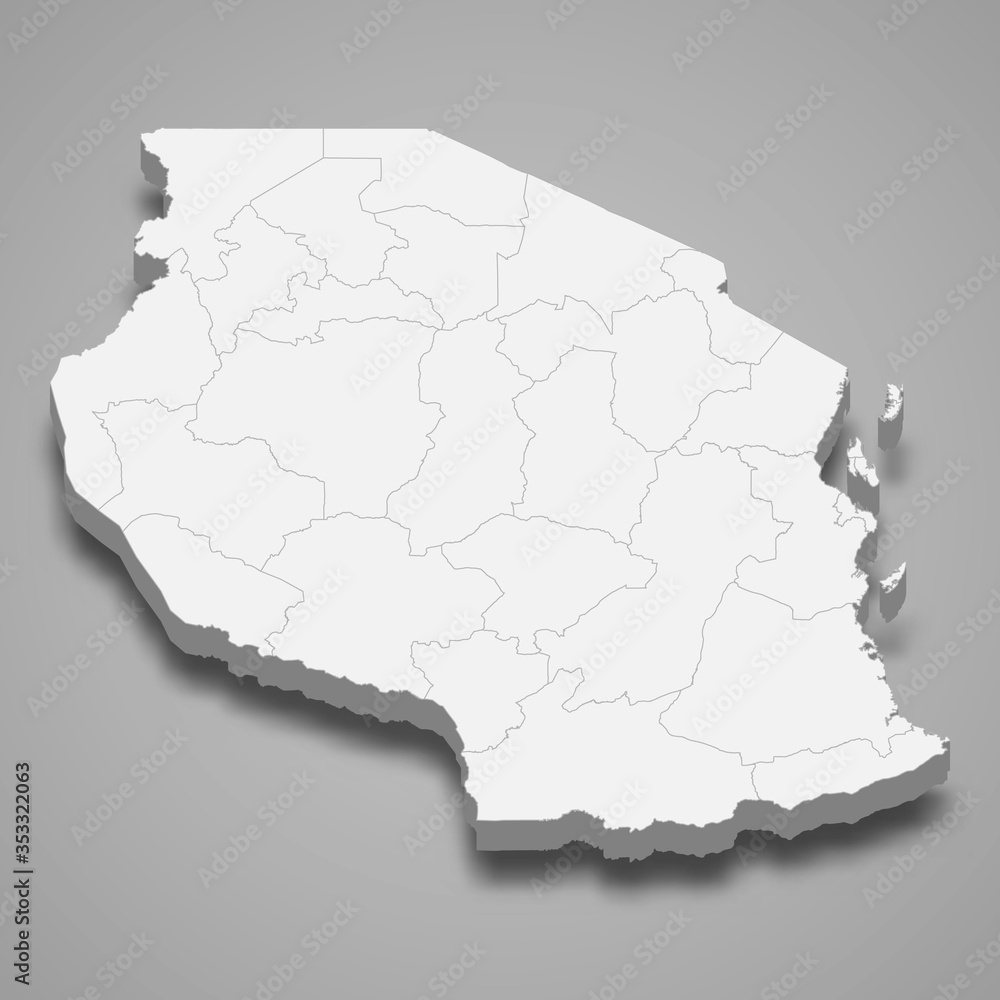 Tanzania 3d map with borders of regions Template for your design Stock ...
