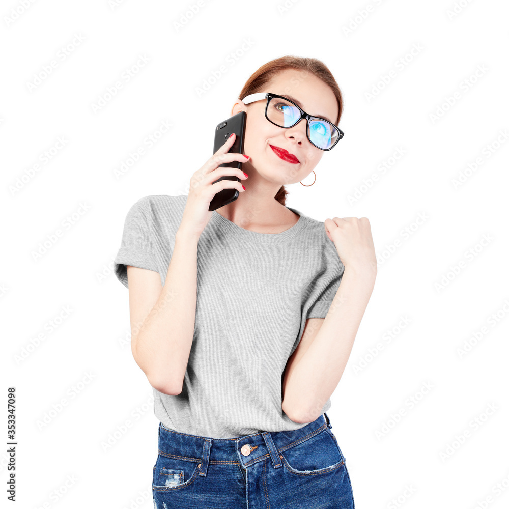 Carelessly dressed European girls standing on a white background ...