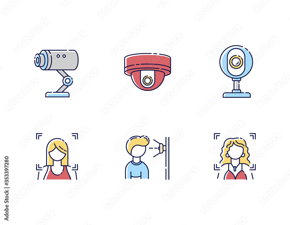 Biometric identification RGB color icons set. Video surveillance ...