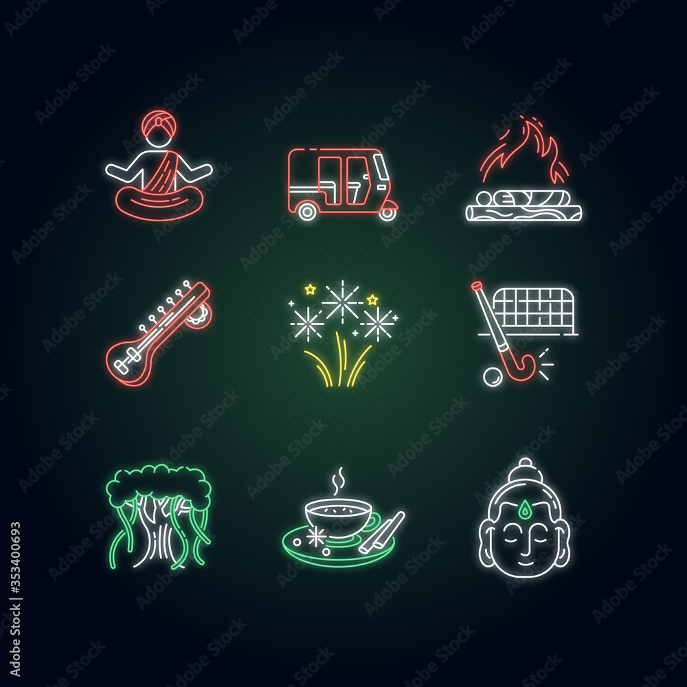 Indian customs neon light icons set. Religious symbols. Buddha. Sitar ...