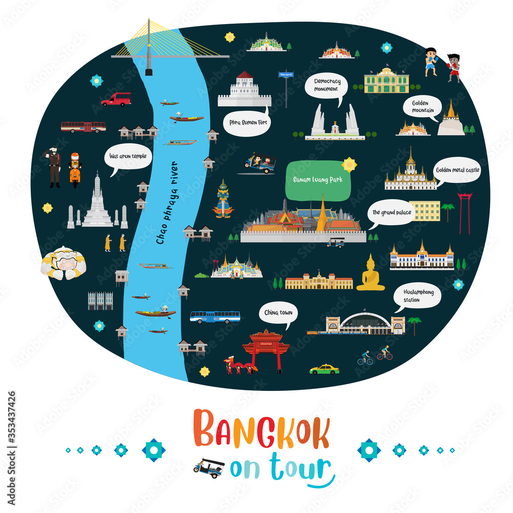 Tourist Map of Bangkok, Thailand with Landmarks. Vector illustration ...