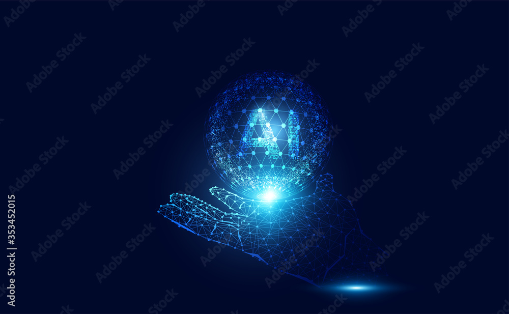 Abstract technology Ai computing on hand wireframe concept working data of Artificial ...