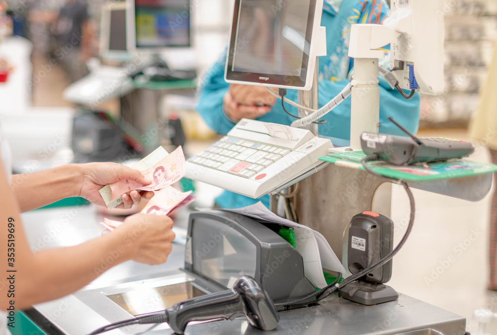 Foto de Stock Female employee hand with cash counting money and hand ...