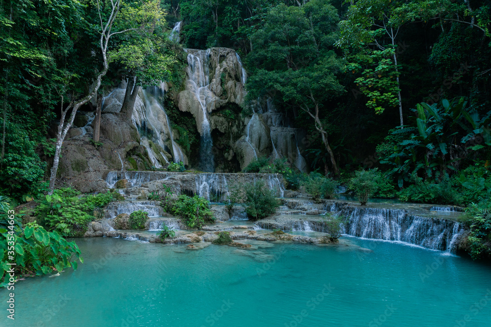 Kuangsi Waterfalls. We are looking into the upper levels of this ...