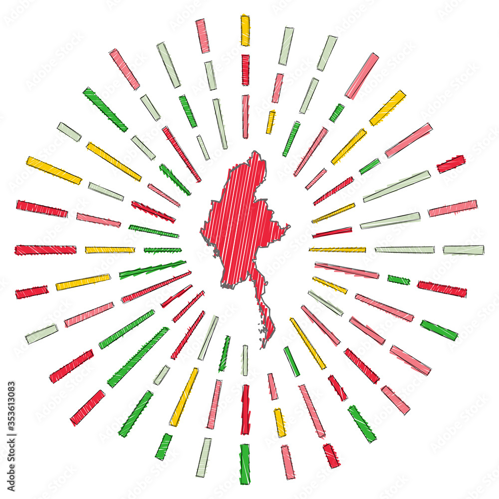 Sketch map of Myanmar. Sunburst around the country in flag colors. Hand ...