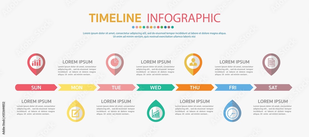 Horizontal timeline template with 7 day,Timeline infographic.Weekly ...