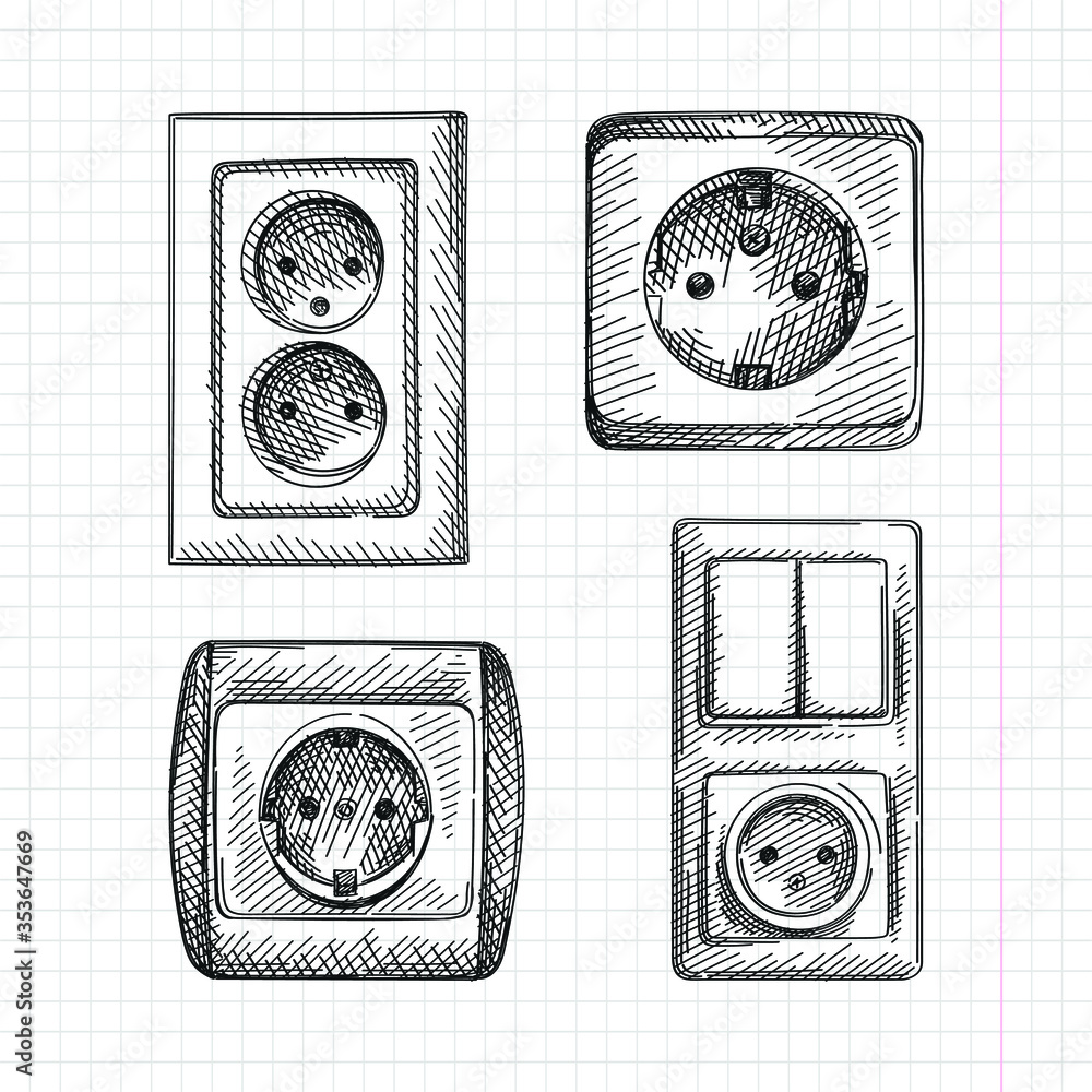 Sketch set of hand-drawn electric sockets. Set of European ground ...